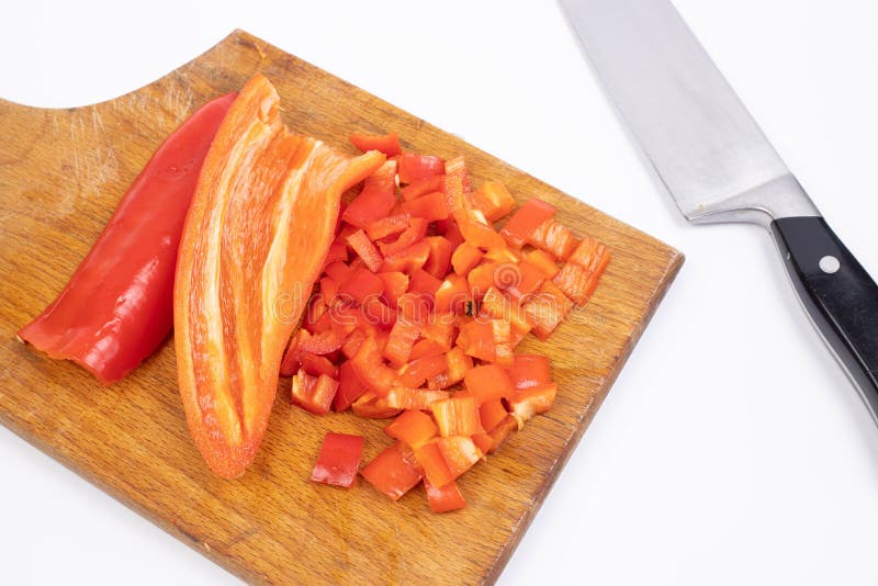 Chopped Fresh Red Paprika on the Wooden Board Stock Image - Image of ...