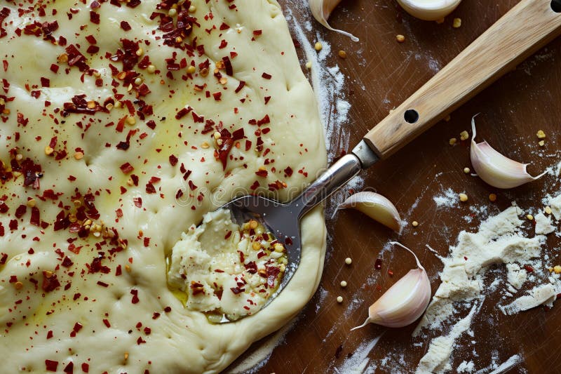 Chopped Garlic and Chili Flakes Over Spoon and Dough Stock Photo ...