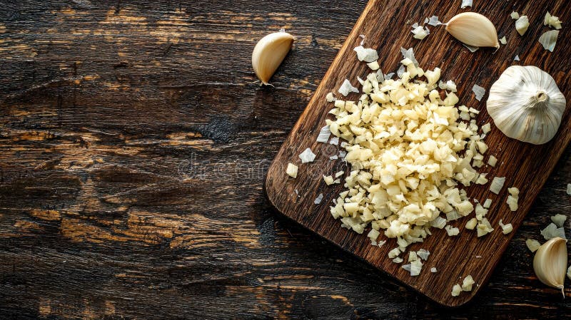 Chopped Garlic Cloves on Wooden Cutting Board in Kitchen Setting Stock ...
