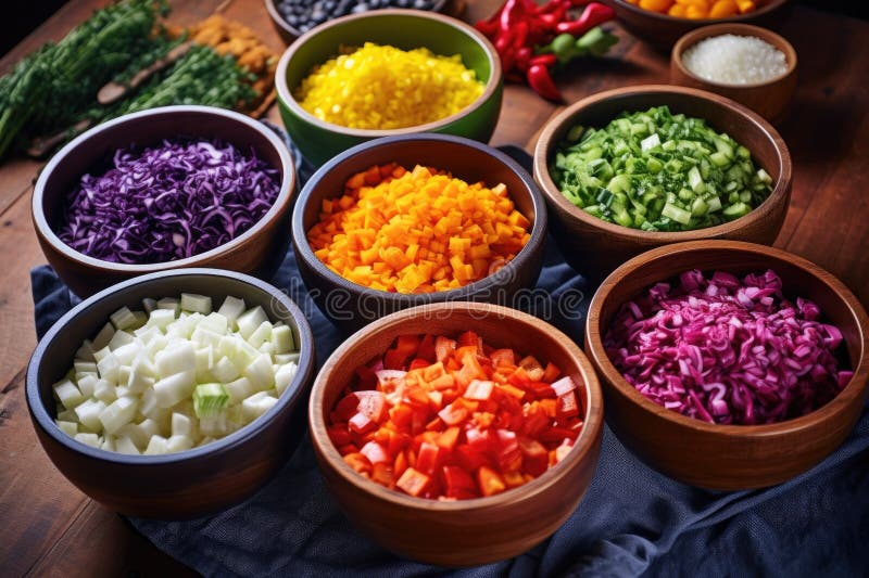 Chopped Ingredients in Colorful Bowls, Ready To Mix Stock Illustration ...