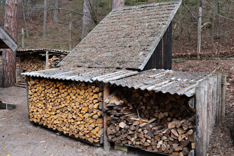 Chopped Logs of Firewood Prepared for the Winter and Stacked in the ...