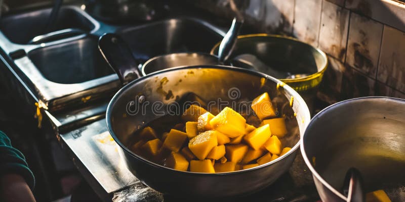 Chopped Mangoes in a Pan Reflecting Vibrant Kitchen Ambiance Stock ...