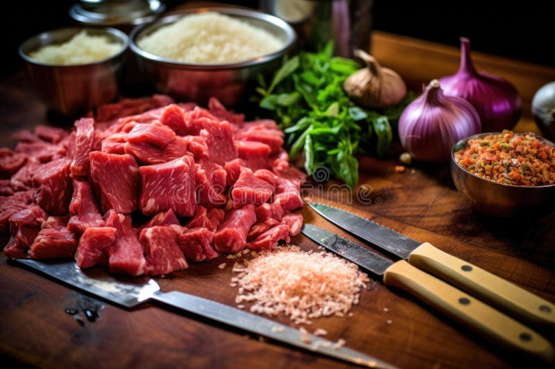 Chopped Meat and Spices Ready for Sausage Making Stock Illustration ...