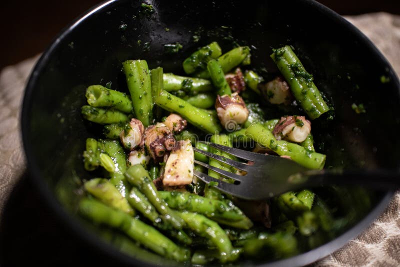Chopped Octopus and Green Beans with Spinach Stock Photo - Image of ...