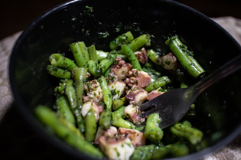 Chopped Octopus and Green Beans with Spinach Stock Image - Image of ...