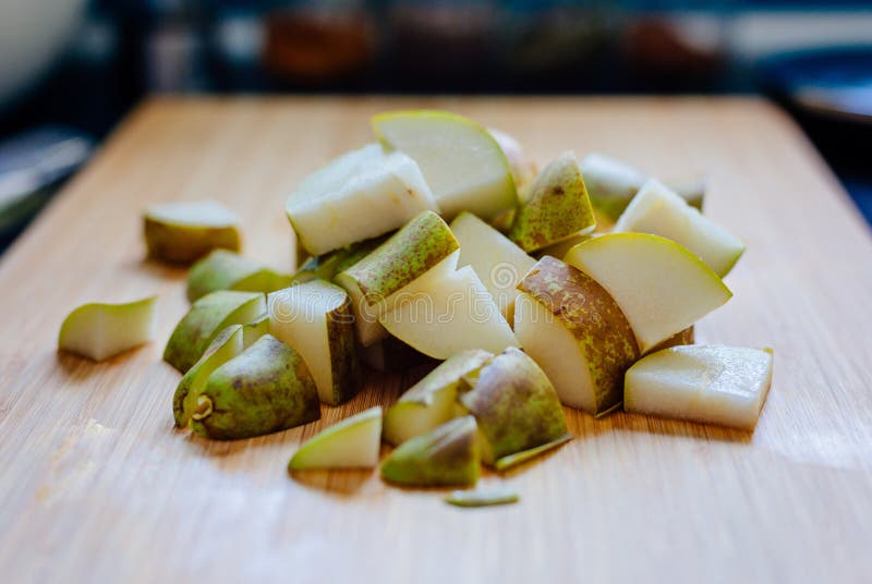 Chopped Pear on Wooden Cutting Board Stock Image - Image of health ...