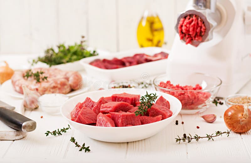 Chopped Raw Meat. the Process of Preparing Forcemeat by Means of a Meat ...