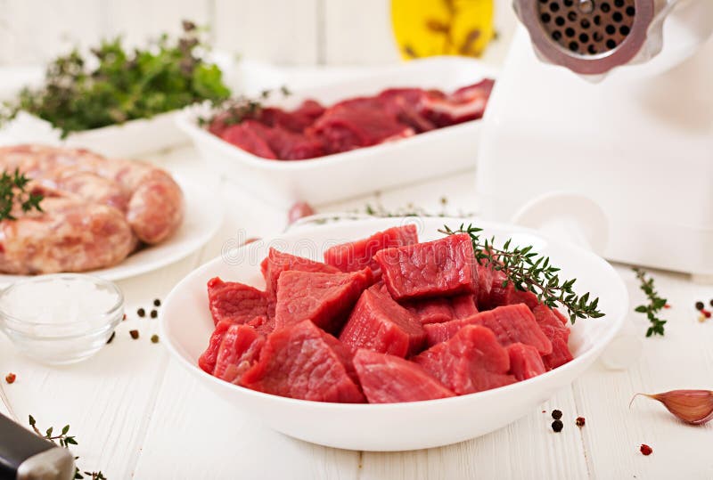 Chopped Raw Meat. the Process of Preparing Forcemeat by Means of a Meat ...