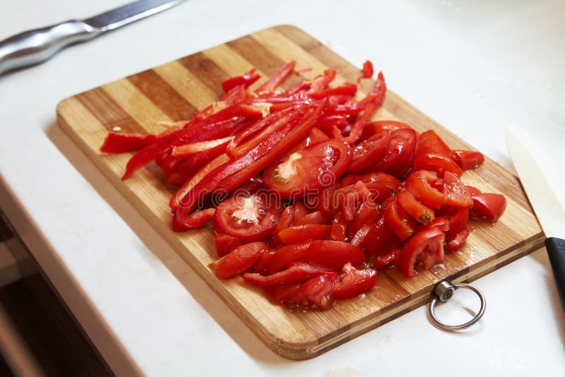 Chopped Red Bell Pepper on a Wooden Cutting Board. Stock Photo - Image ...
