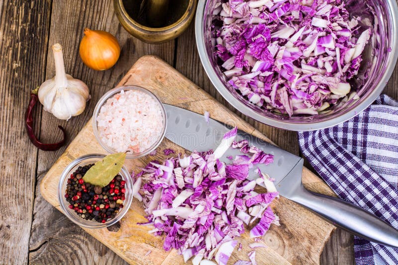 Chopped Red Cabbage in a Metal Bowl Stock Photo - Image of knife, dish ...
