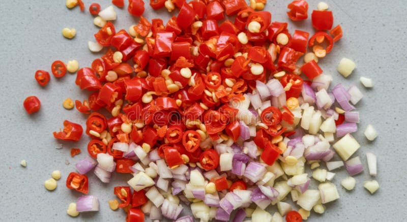 Chopped Red Chili Garlic and Onion Mix on Grey Background Stock ...