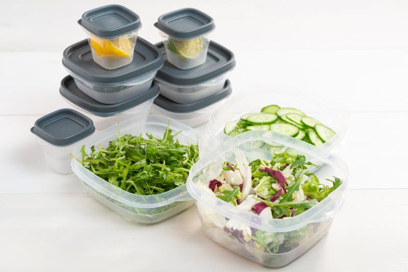 Chopped Salad, Vegetables and Herbs in a Plastic Container. Storing ...