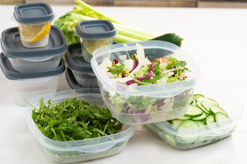 Chopped Salad, Vegetables and Herbs in a Plastic Container. Storing ...