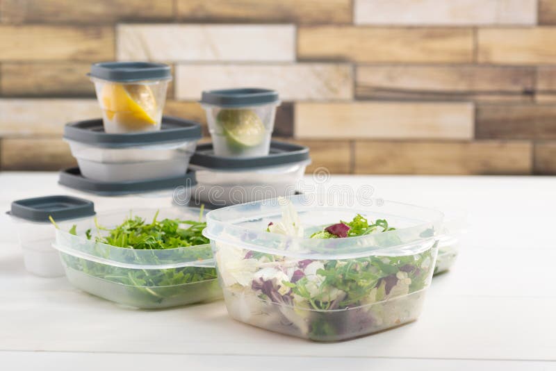 Chopped Salad, Vegetables and Herbs in a Plastic Container. Storing ...