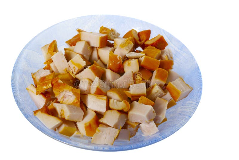 Chopped Smoked Chicken Meat in the Plate Isolated Stock Image - Image ...
