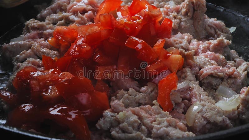 Chopped Tomato Falls into the Minced Beef with Onions for Bolognese ...