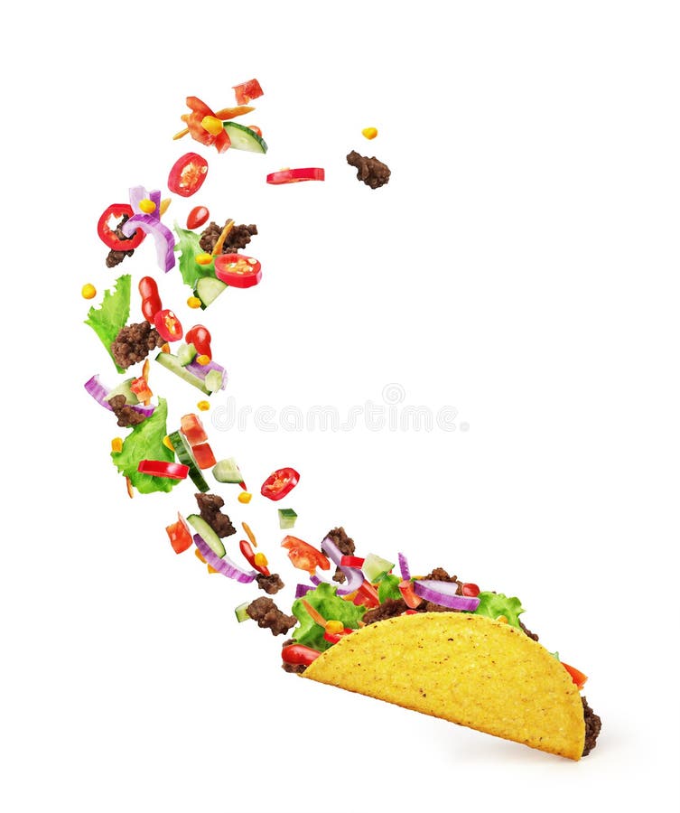 Chopped Toppings Flying Out of a Mexican Taco Isolated on a White ...