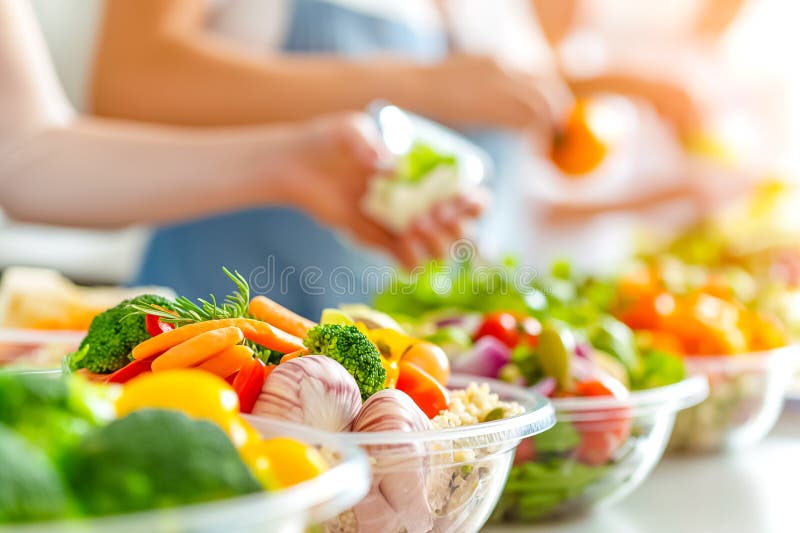 Chopped Vegetables Fill Bowls As Chefs Skillfully Prepare a Healthy ...