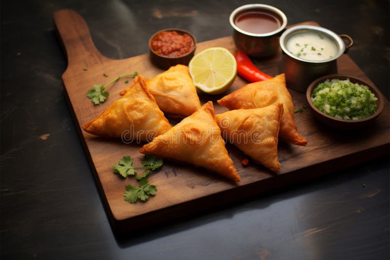 Chopping Board Displays a Tempting Array of Indian Street Samosas Stock ...