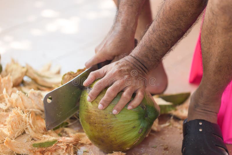 Chopping coconut by knife stock image. Image of refreshment - 52267939