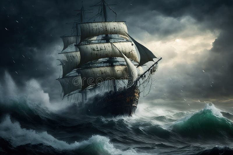 In a Choppy Sea, an Old Ghost Ship is Cruising Stock Illustration ...