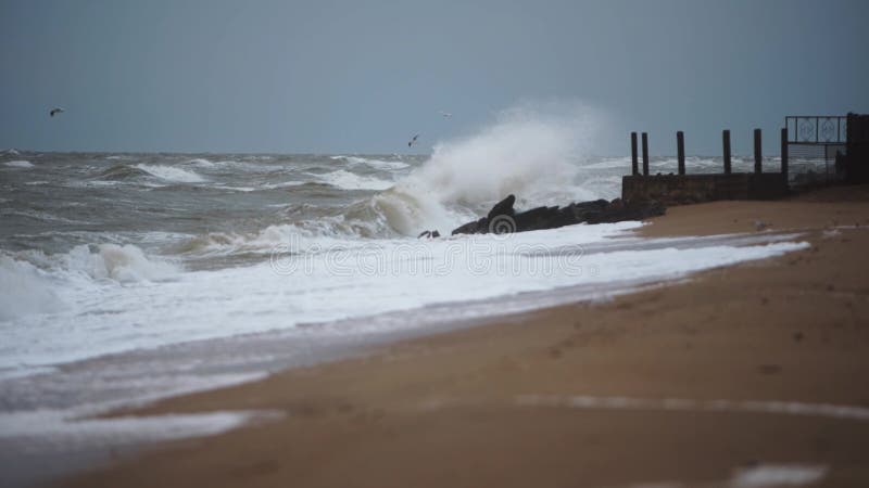 Choppy Sea Waves Crash On Sandy Shore With Birds Flying Over Stormy