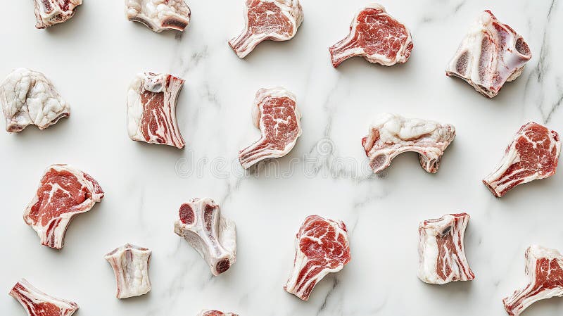 Chops of Various Meats Arranged on a Marble Surface during a Culinary ...