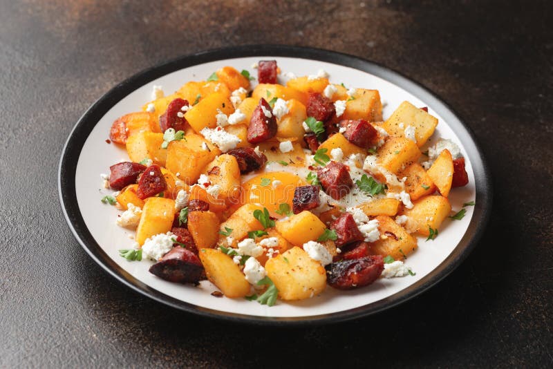 Chorizo Potato Hash Breakfast with Eggs and Feta Cheese Stock Image ...