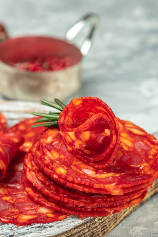 Chorizo Sausage Thin Cut on Plate on a Light Background. Long Banner ...