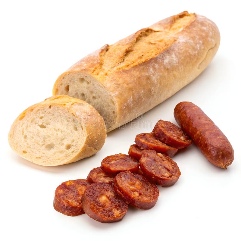 Chorizo and Traditional Bread Isolated on White Background Stock Image ...