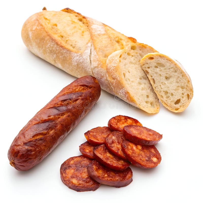 Chorizo and Traditional Bread Isolated on White Background Stock ...