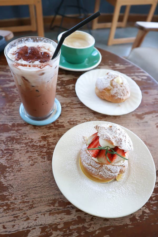 Choux Cream or Cream Puff, Eclair or Strawberry Choux Cream , Iced ...