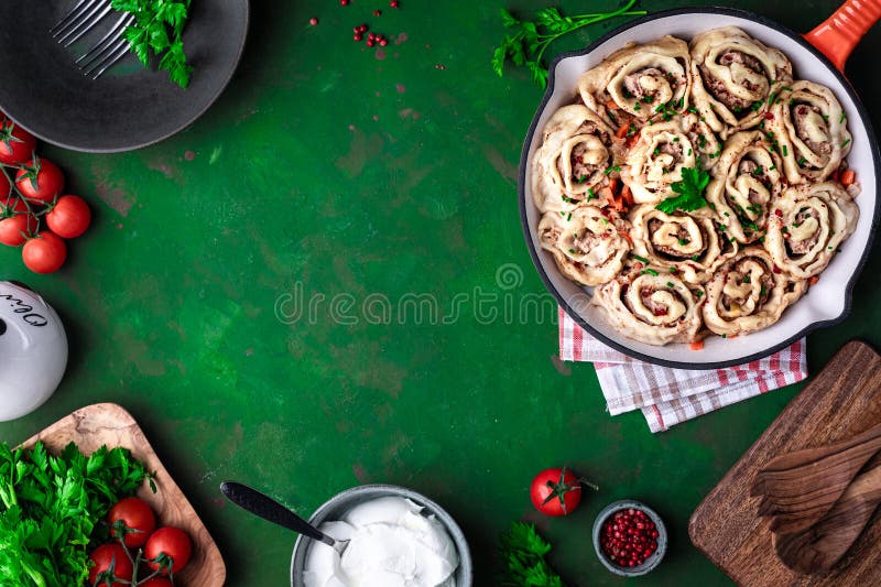 Choux Pastry Rolls with Minced Meat in a Pan Stock Photo - Image of ...
