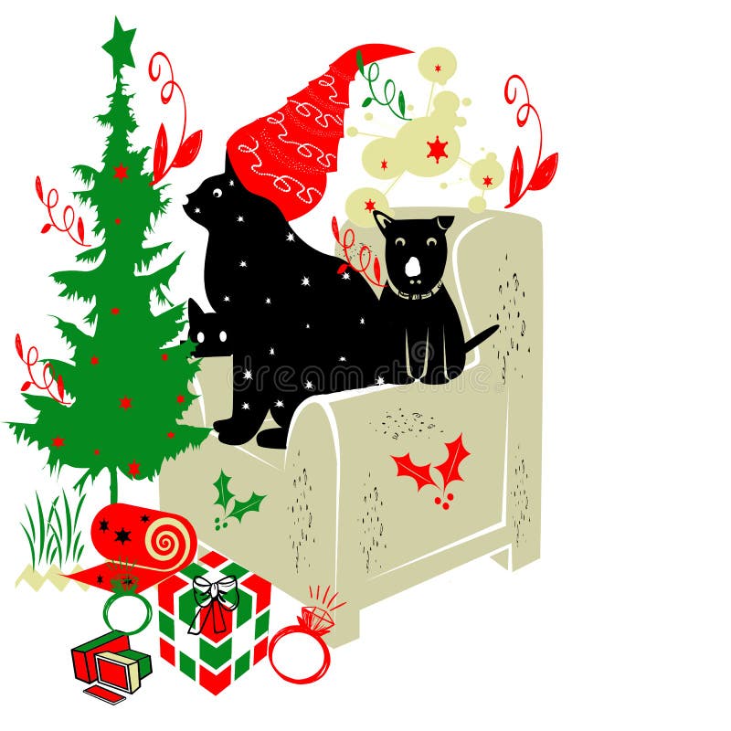 Chrismas Tree Gift and Cat Santa Claus with Dog Stock Illustration ...