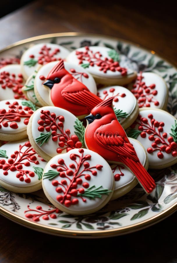 Chrismass Cookies on a Plate with Red Birds Symbol Stock Image - Image ...