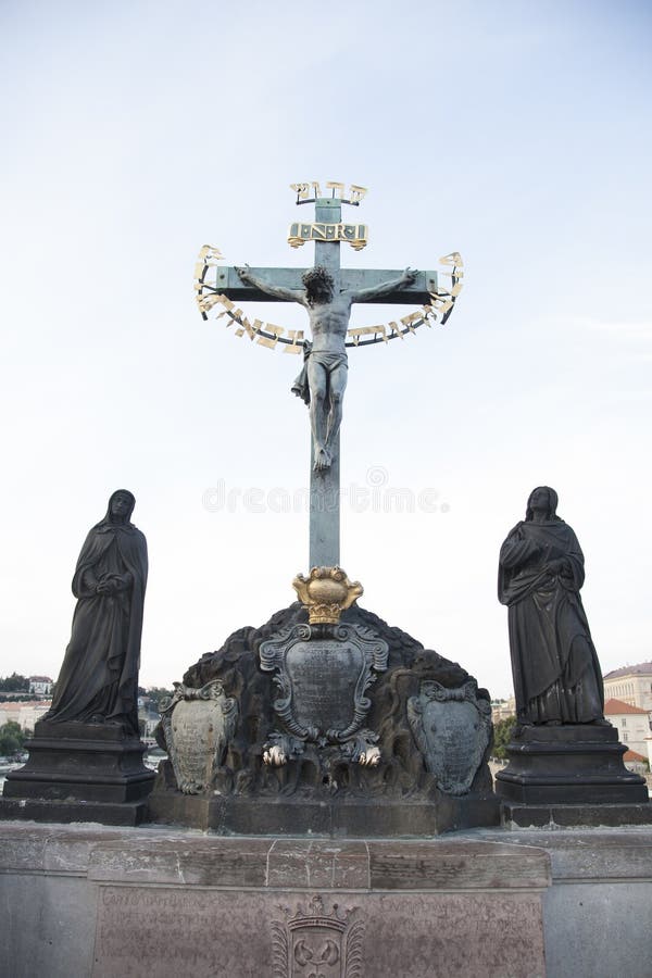 Christ on the Cross Sculpture, Charles Bridge, Prague Stock Image ...