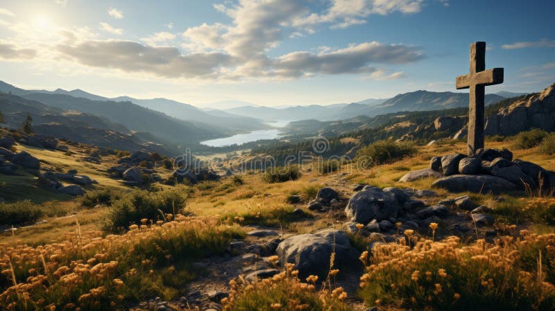 Christian Catholic Cross on the Hills. Generative AI. Stock ...