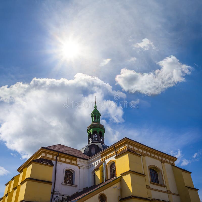 Christian Church on Cloudy Sky Background Under a Sparkle Sun Stock ...