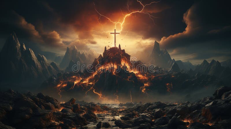 Christian Cross Appears Bright in the Red Cloudy Sky Background Stock ...