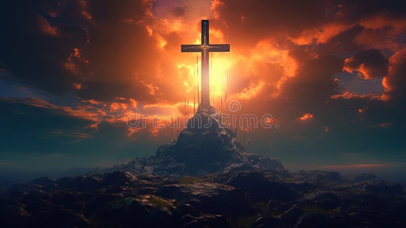 Christian Cross Appears Bright in the Red Cloudy Sky Background Stock ...
