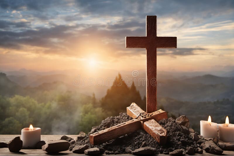 Christian Cross and Candles Outdoors Under Clear Sky Stock Illustration ...