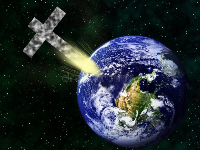 Christian Cross Hitting Inverted Earth Apocalypse Stock Photo - Image ...