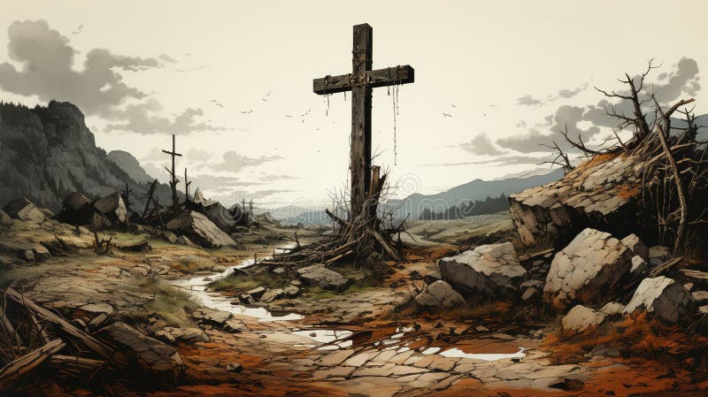 Christian Cross Mountain Top Grunge Black and White Background Stock ...