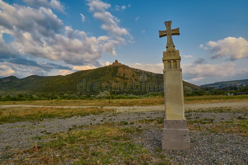 Christian Cross in Mtskheta with Jvari Monastery in Background Stock ...