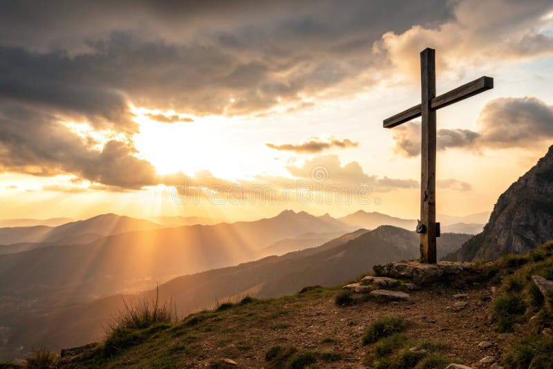 Christian Cross at Sunset with Sunbeams Stock Illustration ...