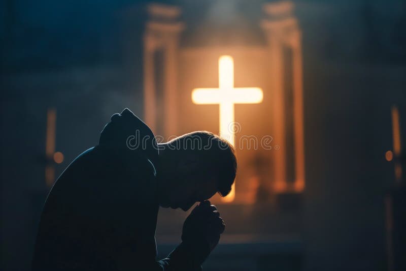 Christian Man Praying in Front of the Cross Stock Illustration ...