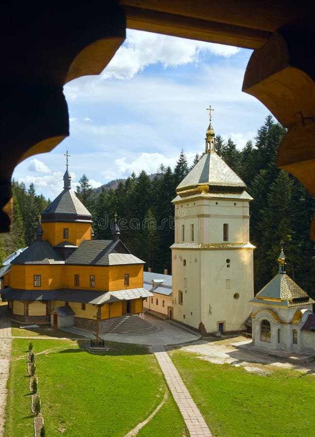 Christian Monastery View through the Wooden Window Stock Photo - Image ...