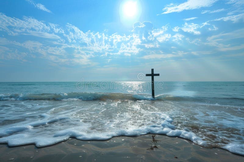 A Christian Symbol on the Shore of the Ocean Stock Image - Image of ...