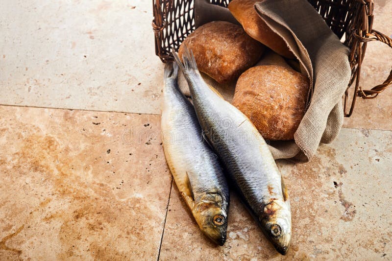 Christianity Background. Loaves of Bread and Two Fish in a Basket ...