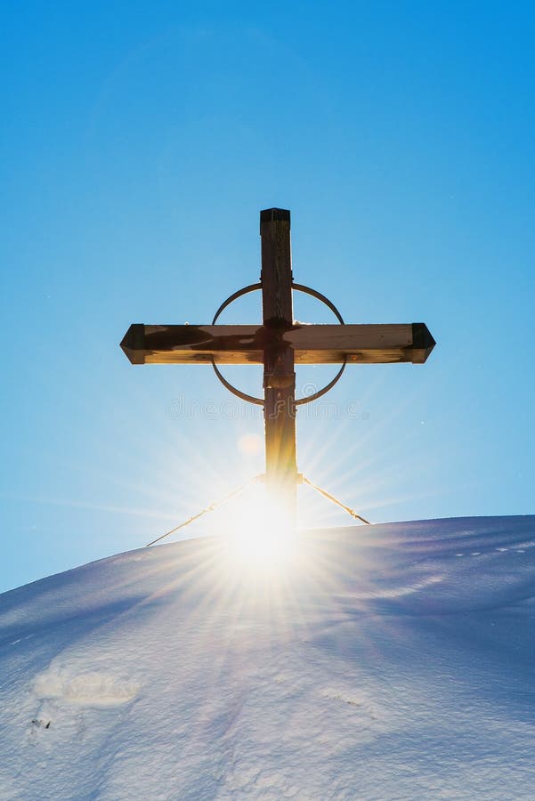 Christianity Religious Cross on Snow Capped Mountain Stock Image ...